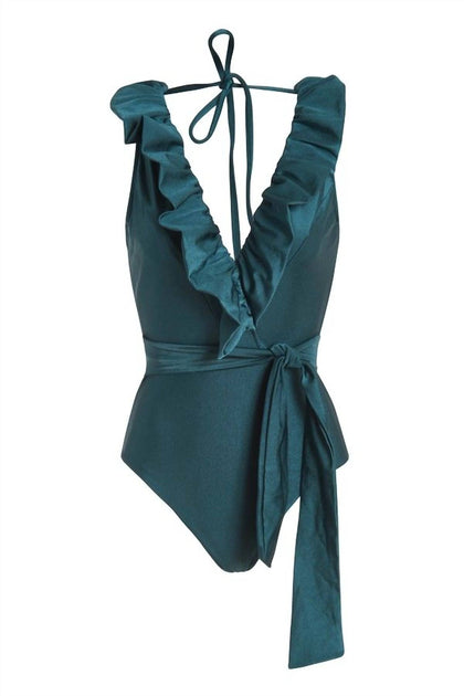 PatBo Plunge Ruffle One-Piece Swimsuit In Palace Green | ShopSimon