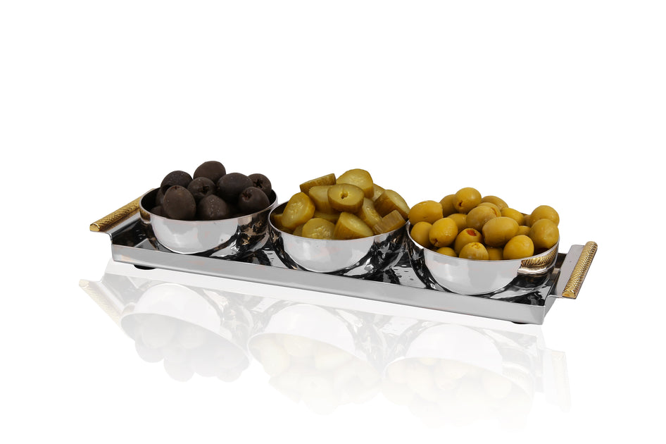 Classic Touch Decor 3 Bowl Relish Dish w Rectangle Tray and Gold ...