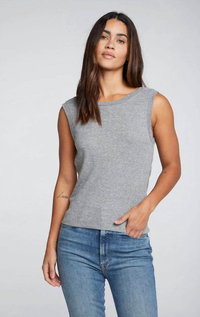 Chaser Triblend Rib Shirred Back V Muscle Tank In Streaky Grey | ShopSimon