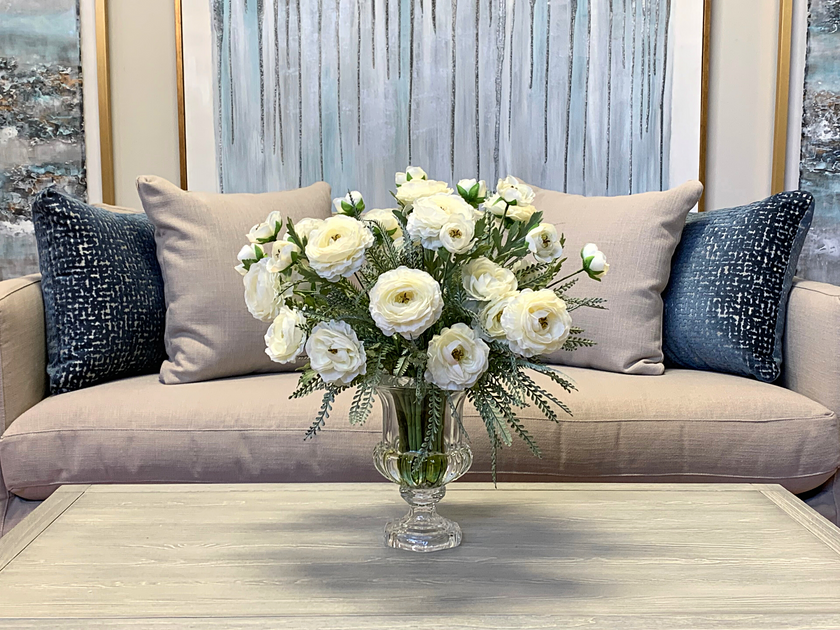 Creative Displays Ranunculus Floral Arrangement In Glass Pedestal Vase ...