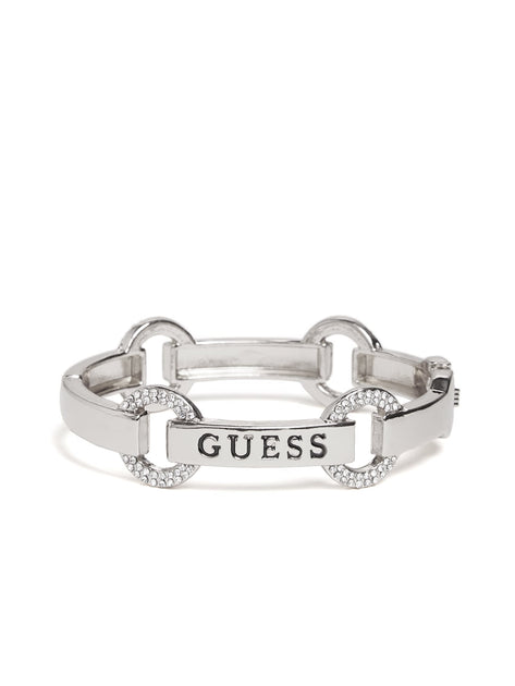 Guess Factory Silver-Tone Rhinestone Logo Bangle Bracelet | ShopSimon
